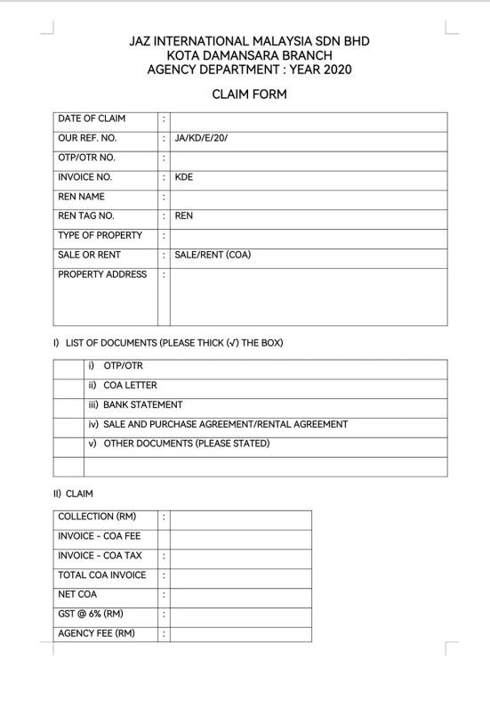 Claims Form – JAZ International Malaysia